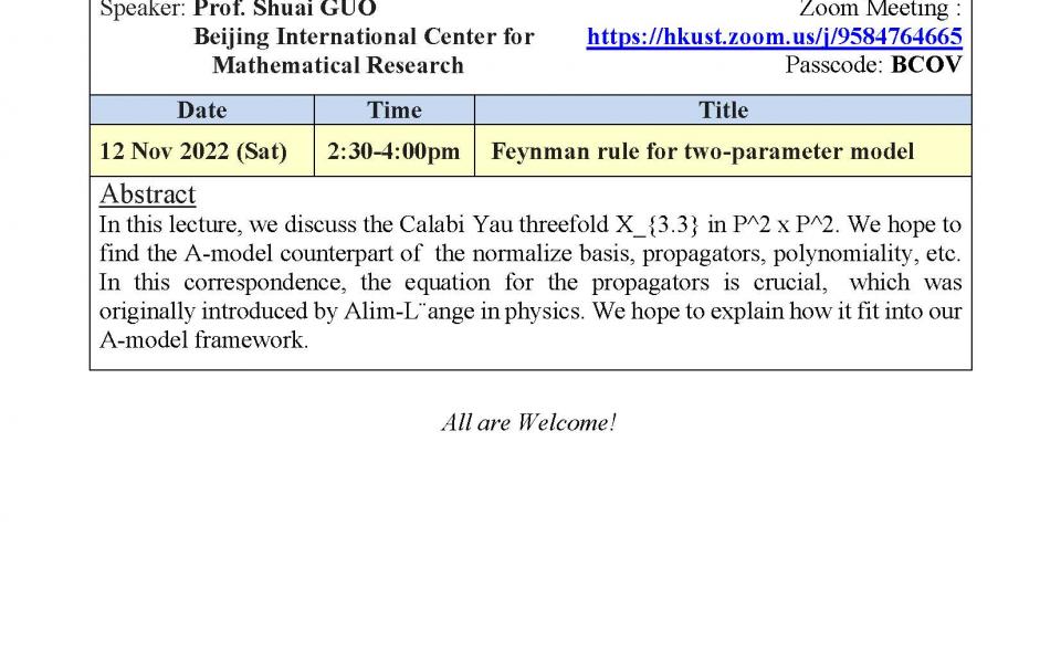 Department of Mathematics - Seminar on Pure Mathematics - Feynman rule for two-parameter model ...